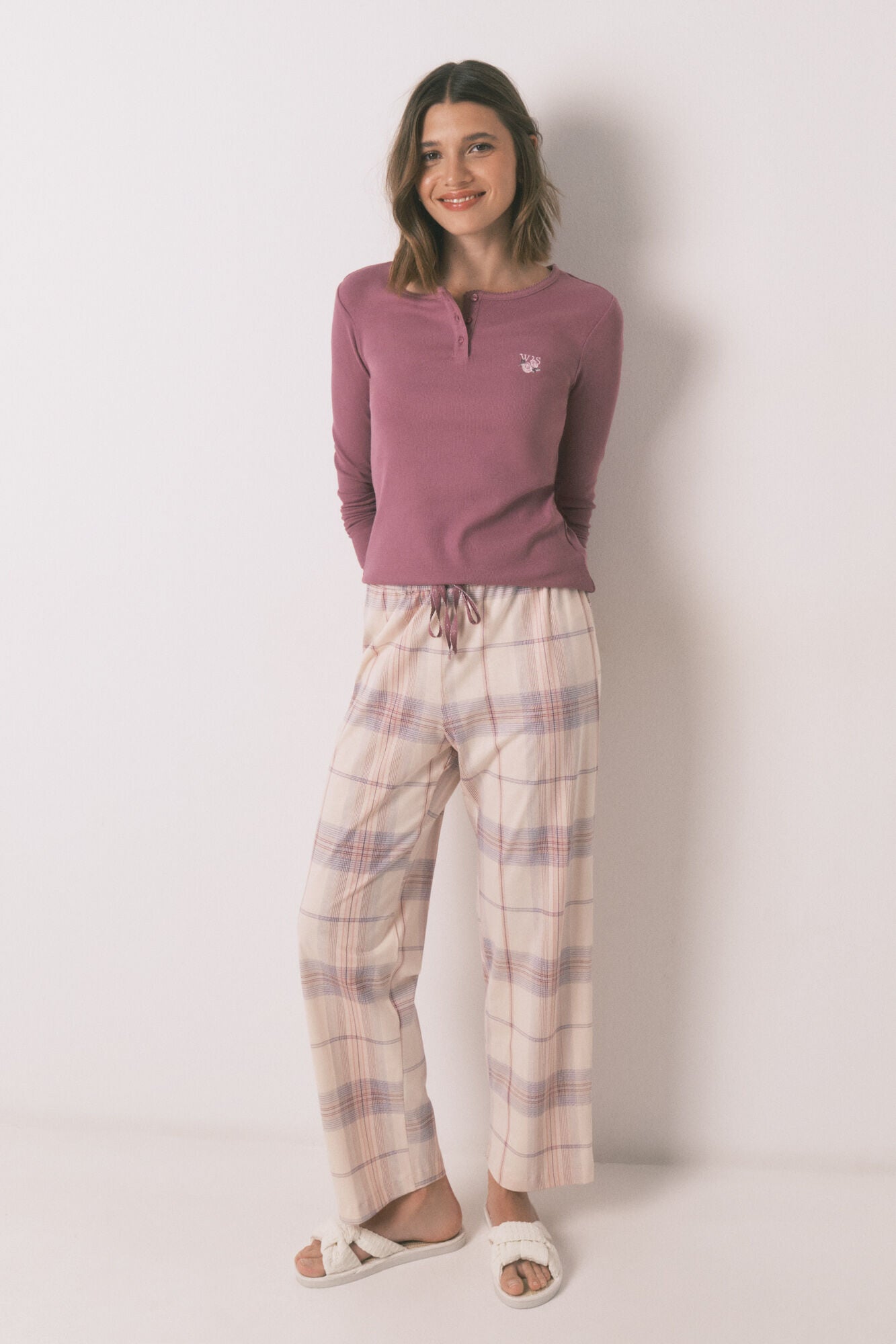 Long pyjamas with pink checkered print|Women'secret – Women'secret KSA